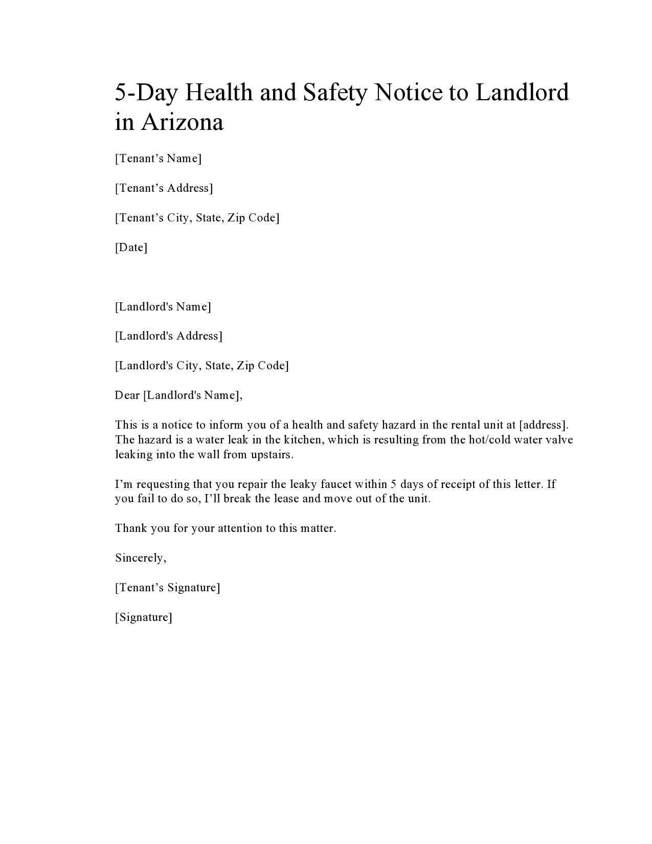 5 Day Health And Safety Notice To Landlord Arizona